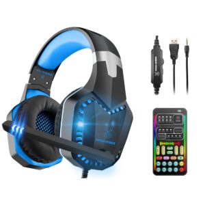 sktome gaming voice changer headset with mic, cool led light over-ear headphones with volume control, noise reduction voice changer gaming headset for ps4/ps5/xbox one/pc/phone/laptops(blue)