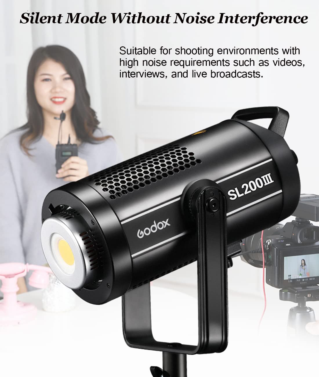 Godox SL200WIII 215W LED Video Light,Bowens Mount Continuous Lighting,2.4G 95600Lux CRI96+ Flash Light,5600K Daylight Balanced,8 Pre-Programmed Lighting Effects with Ultra-Silent Fan for Photography