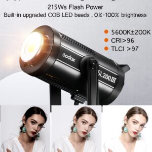 Godox SL200WIII 215W LED Video Light,Bowens Mount Continuous Lighting,2.4G 95600Lux CRI96+ Flash Light,5600K Daylight Balanced,8 Pre-Programmed Lighting Effects with Ultra-Silent Fan for Photography