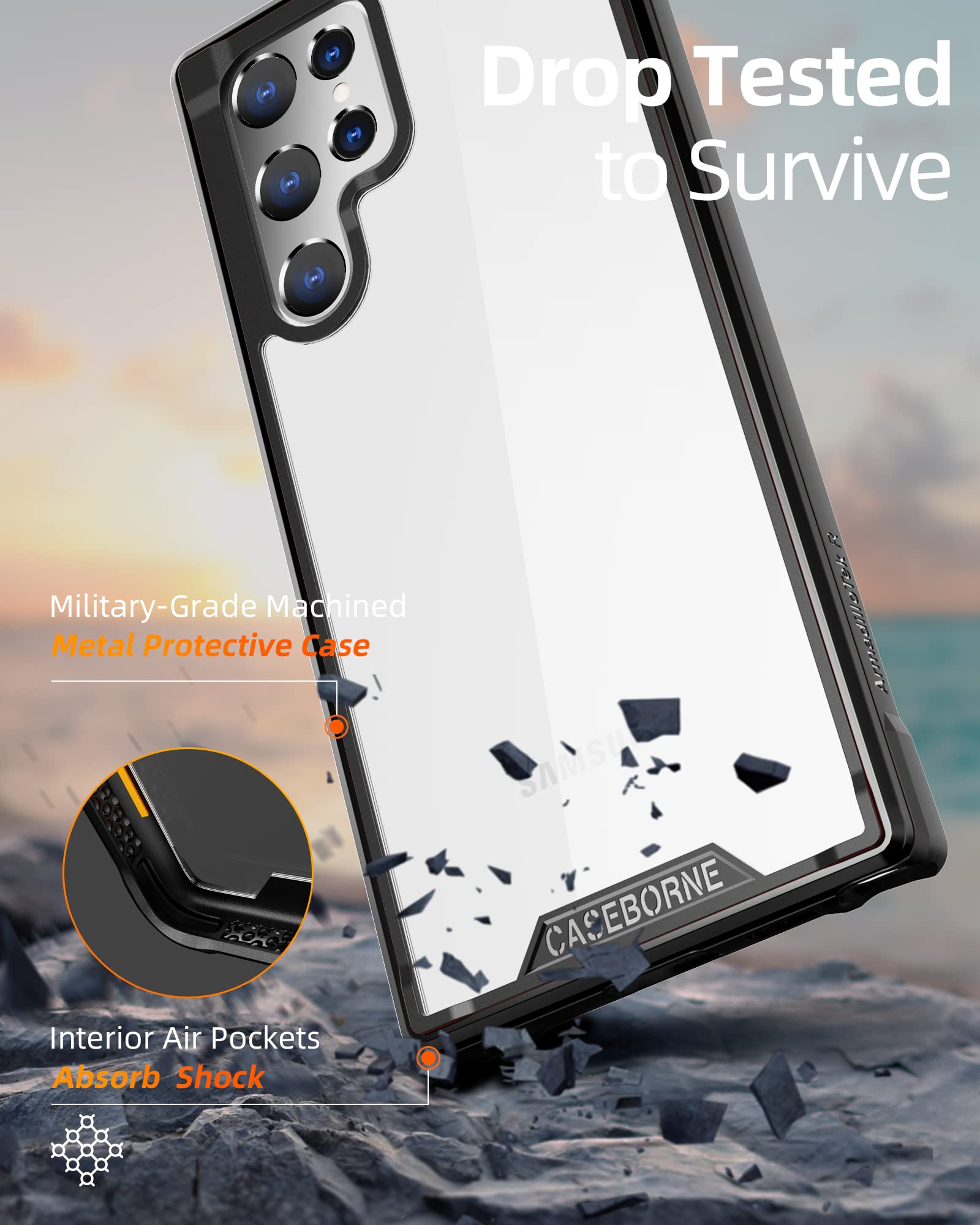 CaseBorne R Compatible with Samsung Galaxy S22 Ultra 5G Case - Shockproof Protective Clear, Military Grade 12ft Drop Tested, Durable Aluminum Frame, Anti-Yellowing Technology - Black