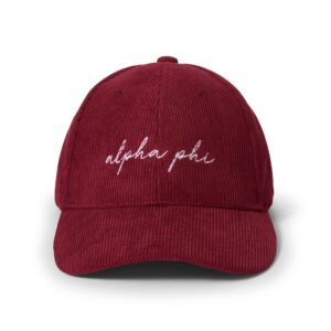 sorority shop alpha phi baseball cap - embroidered logo, soft 11-wale corduroy maroon