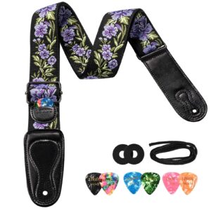 lekato flower bass strap, flower guitar strap for bass, electric & acoustic guitar 2" wide guitar straps with leather ends artistic woven guitar straps with pick holder 2 safty strap locks & 6 picks