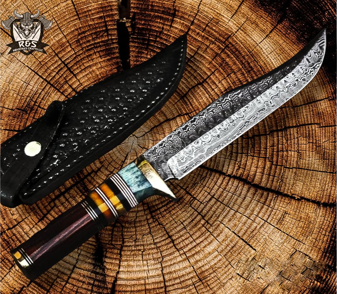 R&S INDUSTRIES CRAFTS LLC Damascus hunting knife | Custom Handmade Damascus steel hunting Bush craft knife| EDC Overall 13" Knife with Genuine Leather sheath | Best Birthday & Anniversary for him