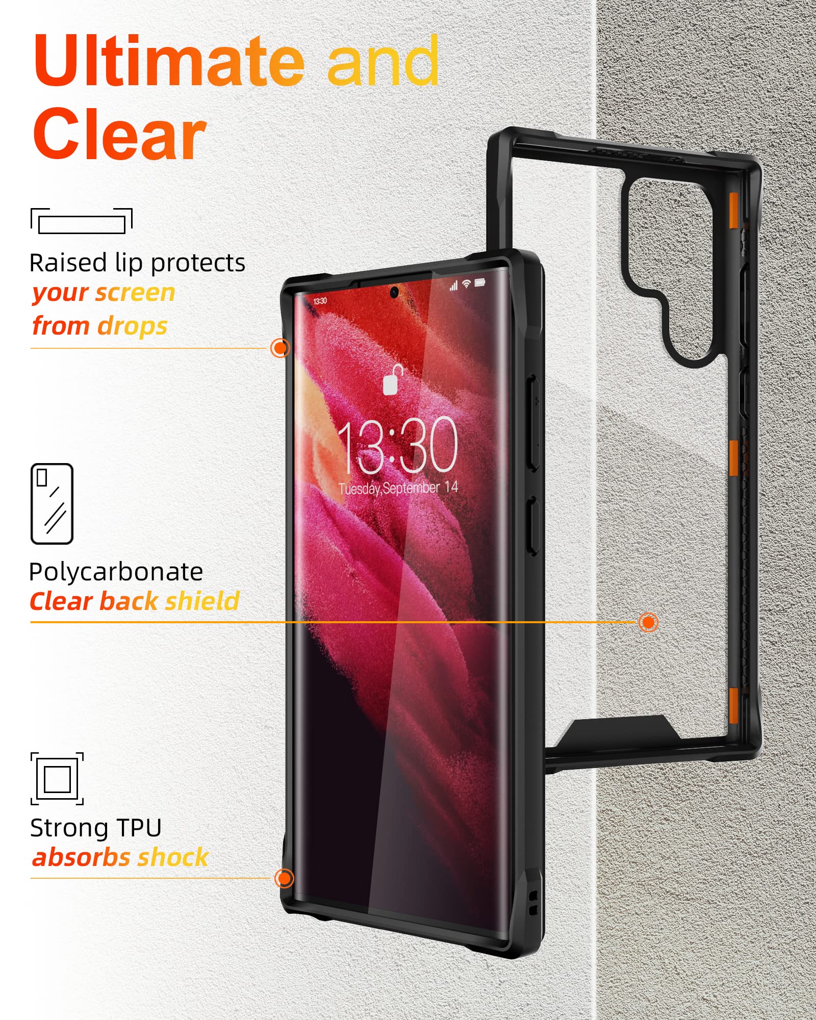 CaseBorne R Compatible with Samsung Galaxy S22 Ultra 5G Case - Shockproof Protective Clear, Military Grade 12ft Drop Tested, Durable Aluminum Frame, Anti-Yellowing Technology - Black