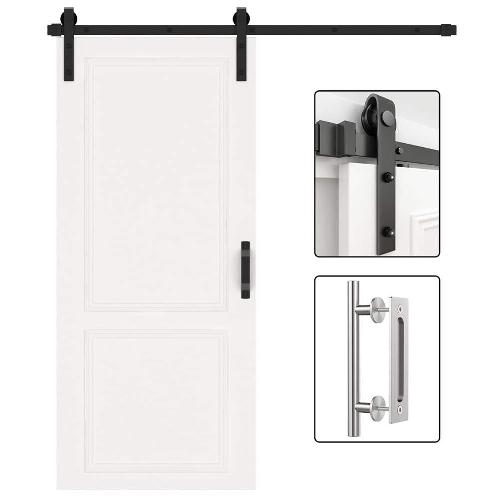 WINSOON 4FT Antique Single Sliding Barn Door Hardware Roller Track Kit J Shape Black with Sliding Barn Door Handles Brushed Nickel