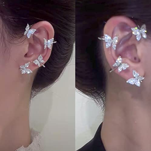 2Pcs Zircon Butterfly Ear Cuff Earrings for Women No Piercing Butterfly Ear Clip Wrap Around Fake Earrings Ear Wrap Crawler Rhinestone Wrap Earrings (silver)