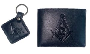 mens rfid blocking bifold wallet with matching key chain- gift set masonic (black)