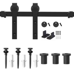 WINSOON 4FT Antique Single Sliding Barn Door Hardware Roller Track Kit J Shape Black with Sliding Barn Door Handles Brushed Nickel