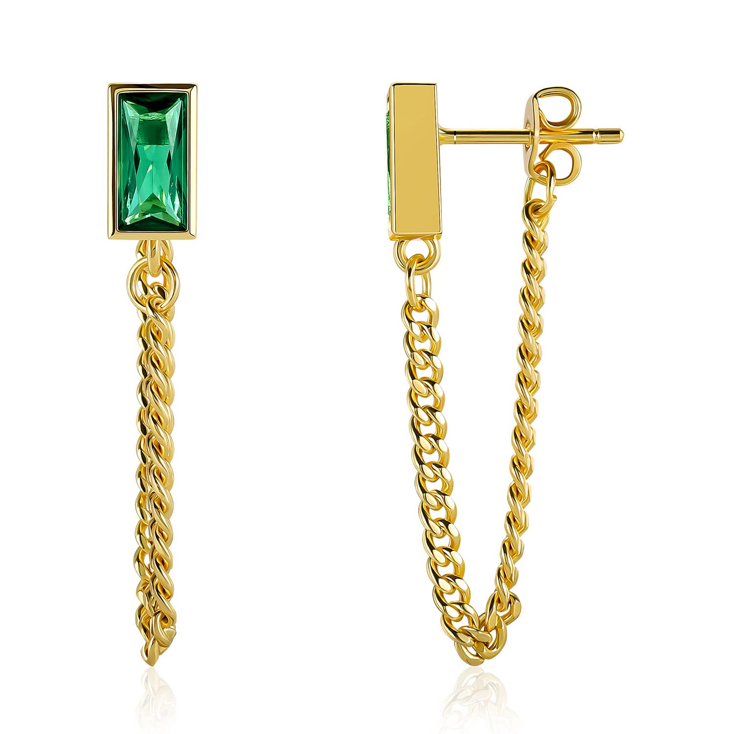 Emerald Earrings For Women,Green Cubic Zirconia With 14K Real Gold Plated Chain Dangle Earrings For Women,Gift For Birthday Mother's Day And Anniversary.