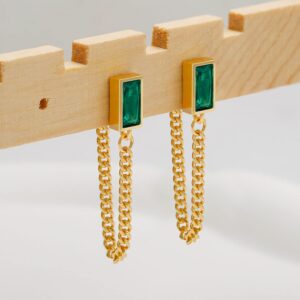 Emerald Earrings For Women,Green Cubic Zirconia With 14K Real Gold Plated Chain Dangle Earrings For Women,Gift For Birthday Mother's Day And Anniversary.