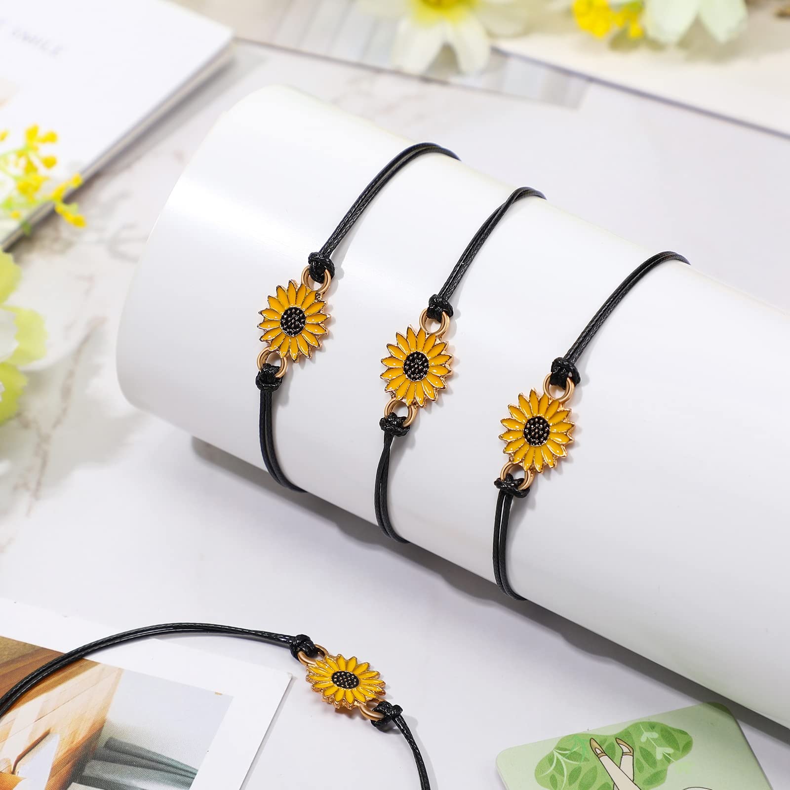 20 Pcs Sunflower Bracelets Adjustable Handmade Friendship Bracelet Bulk Boho Braided Rope String Bracelets for Women Teen Girls Couples Wrist Friend Gift Favors (Black)