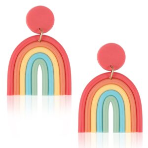 boho polymer clay rainbow earrings for women dangling, cute multicolor handmade vintage bohemian tassel u shape oval and round shape ceramic clay drop earrings pendant bulk jewelry