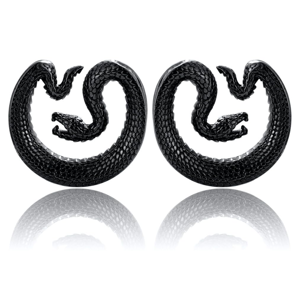 LADEMAYH 2Pcs 1/2 inch Gauges for Ears, Black 12mm Gauges for Ears, Cobra Design Snake 1/2 Plugs Tunnels Guages for Women, Surgical Steel Saddle Gauge Earrings