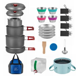 bulin 37pcs camping cookware mess kit lightweight backpacking cooking set outdoor cook gear for family hiking, picnic(kettle, pot, frying pan, cups, plates, forks knives spoons, carabiner)