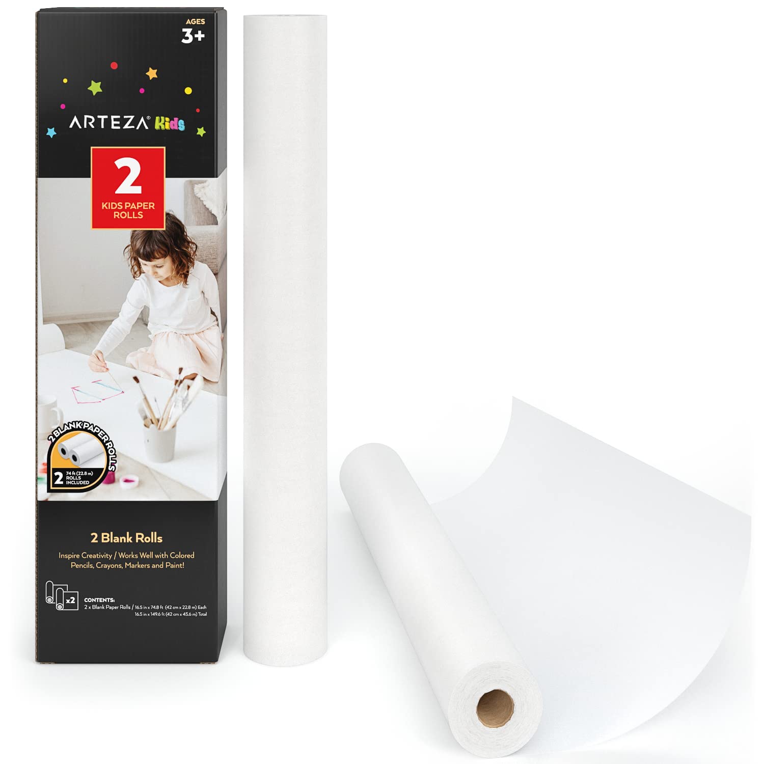 Arteza Kids Drawing Paper Roll Refill, 2-Pack, 16.5 Inches x 74.8 Feet, White 47-lb Roll Dispenser Paper, Art Supplies for the Classroom, Learning Centers, and Activity Corners