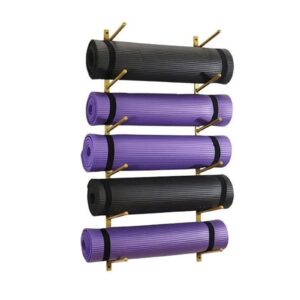 lwmd metal yoga mat holder wall mount, 5 tier gold foam rollers/exercise mat rack for hanging yoga strap resistance bands ropes