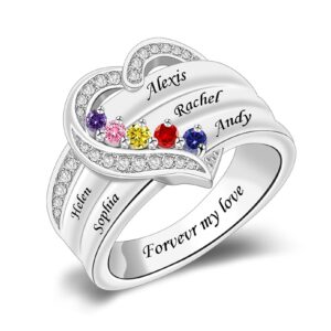 missnana personalized mothers rings with simulated birthstones engraved 1-8 family names mother's day rings custom love heart family rings for women (5 birthstone)