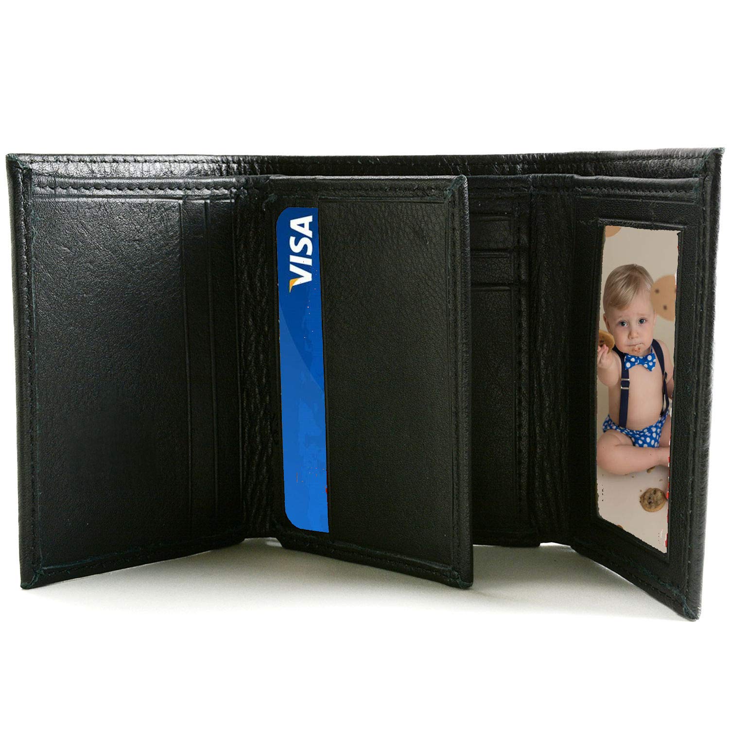 Personalized Black Genuine Leather Tri-fold Wallet Engraved Free - Ships from USA