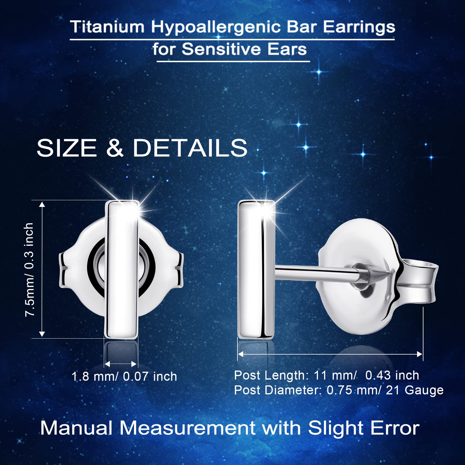 VGACETI Titanium Earrings, Hypoallergenic Bar Stud Earrings for Sensitive Ears Women Men, Premium High Polished (Shiny Grey Bar)