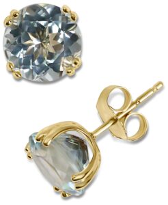 kokav 14k yellow gold genuine aquamarine 8mm round stud earrings