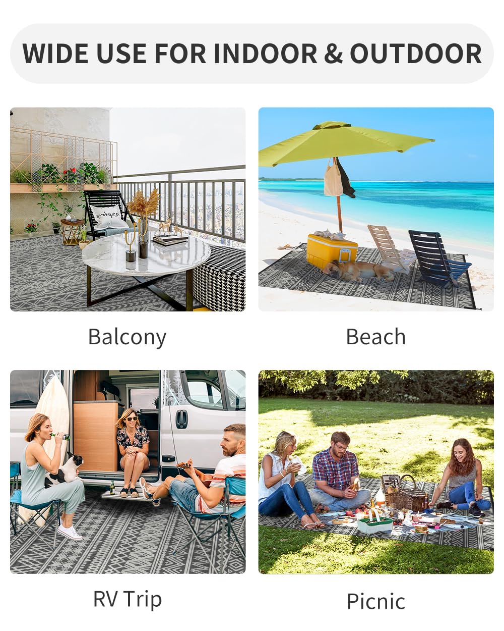 MontVoo-Outdoor Rug Carpet Waterproof 6x9 ft Reversible Patio Rug RV Camping Rug-Plastic Straw Rug Outside Indoor Outdoor Area Rug for Patio Deck Balcony Picnic Beach Outdoor Decor Boho Grey