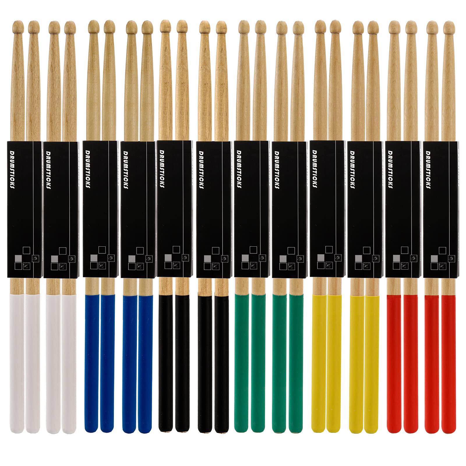 Suwimut 12 Pairs Drum Sticks with Non-Slip Rubber Handle, Classic 5A Maple Wood Tip Drumsticks for Kids, Adults and Beginners, Professional Musical Instrument Percussion Accessories, 6 Colors