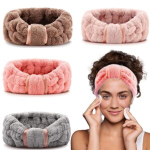 4 pack microfiber towel headbands for washing face, facial headbands makeup headband spa headband skincare headband fash wash headband for women and girls (coffee,flesh pink, grey,bright red)