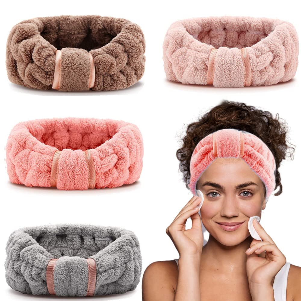 4 Pack Microfiber Towel Headbands for Washing Face, Facial Headbands Makeup Headband Spa Headband Skincare Headband Fash Wash Headband for Women and Girls (Coffee,Flesh Pink, Grey,Bright Red)