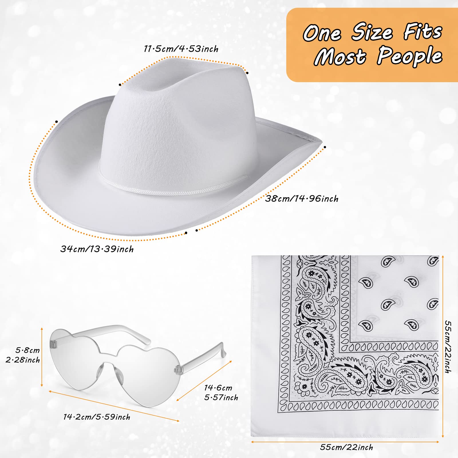 Geyoga 9 Pcs Cowboy Hat with Paisley Print Bandanas Unisex Heart Shape Sunglasses for Cowboy Party Costume(White)