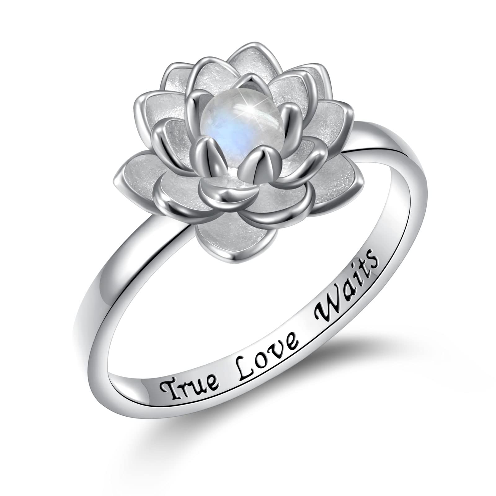 Yearace Moonstone Lotus Ring, Sterling Silver True Love Waits Engraved Lotus Flower Blossom Fidget Ring Natural Healing Buddha Spiritual Yoga Jewelry Gifts for Women-7