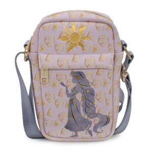 buckle down disney bag, cross body, tangled rapunzel pose silhouette and sun, pink yellows, vegan leather