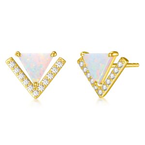 14k real solid gold triangle opal stud earrings for women gifts screw back opal earrings 10mm gold stud earrings opal jewelry