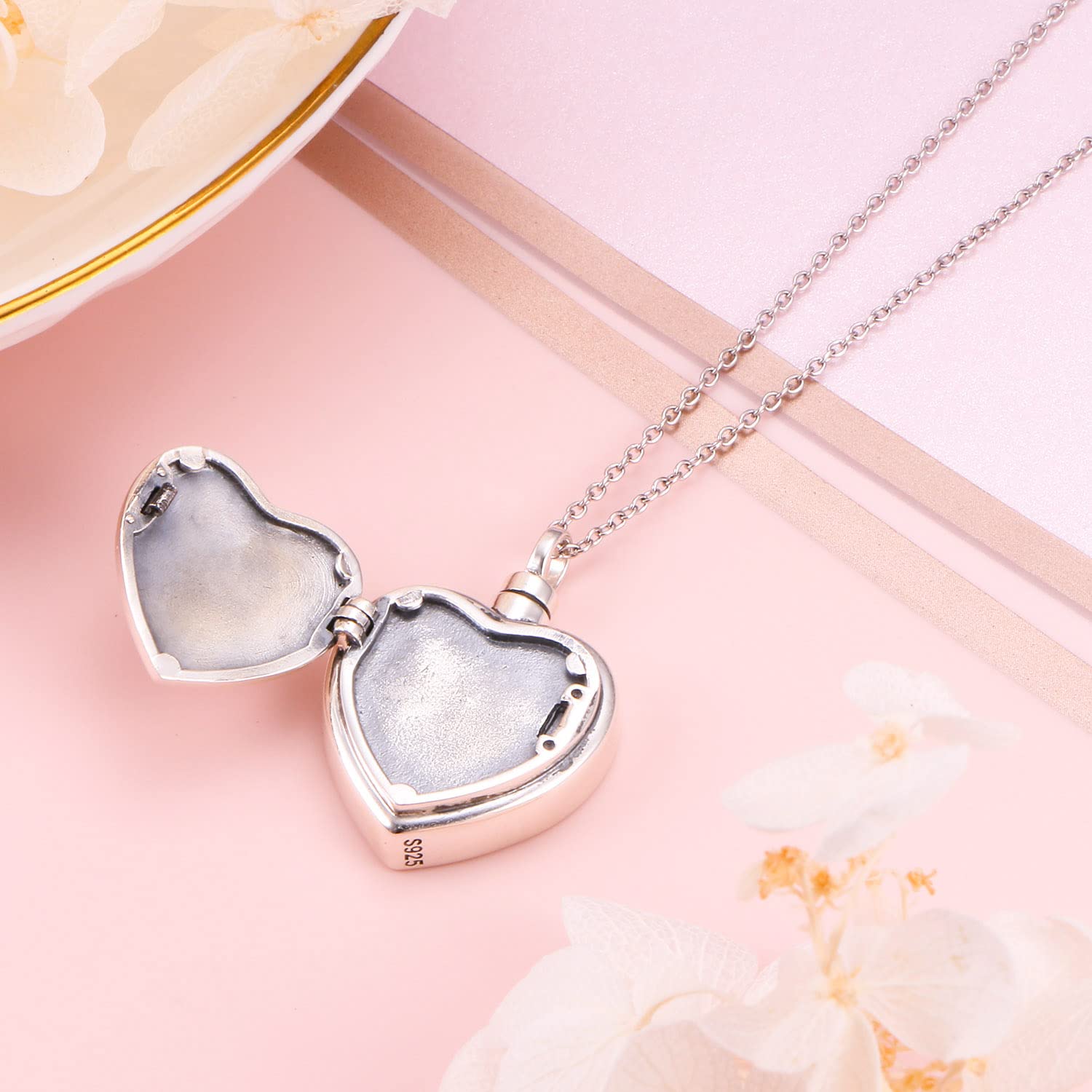 Ashes Locket that Hold Pictures Sterling Silver Urn Necklace for Ashes Always in My Heart Engraved Dainty Filigree Flower Heart Locket Pendant Necklace Memorial Keepsake Cremation Jewelry