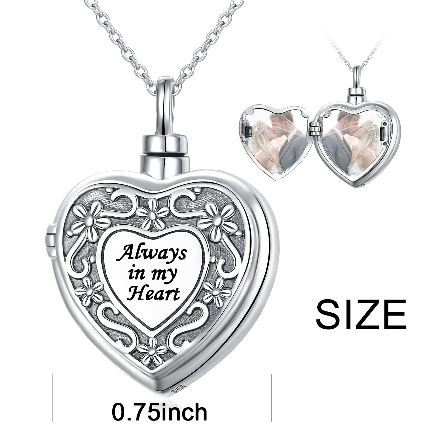 Ashes Locket that Hold Pictures Sterling Silver Urn Necklace for Ashes Always in My Heart Engraved Dainty Filigree Flower Heart Locket Pendant Necklace Memorial Keepsake Cremation Jewelry