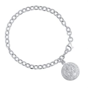 world jewels 925 sterling silver st. benedict italian charm bracelet - religious jewelry gifts for women, chain link bracelet, simple & silver italian jewelry - catholic gifts, fits 7.5 inch wrist