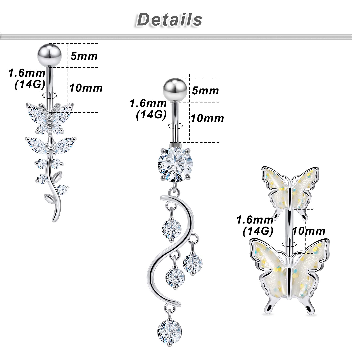 Ocptiy 14G Belly Button Ring for Womne Surgical Stainless Steel Curved Silver Dangle Butterfly Hypoallergenic Dangle Cute Navel Belly Rings Barbell Bar Hoop Body Piercing Jewelry for Women 10mm