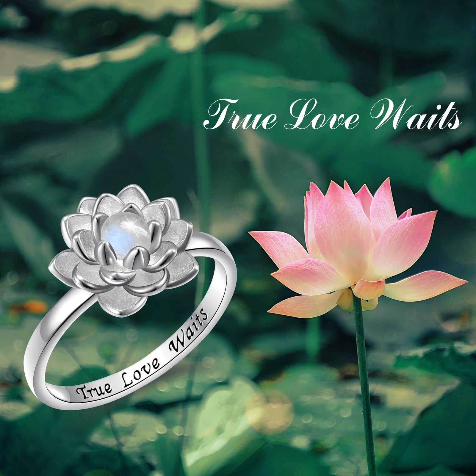 Yearace Moonstone Lotus Ring, Sterling Silver True Love Waits Engraved Lotus Flower Blossom Fidget Ring Natural Healing Buddha Spiritual Yoga Jewelry Gifts for Women-7