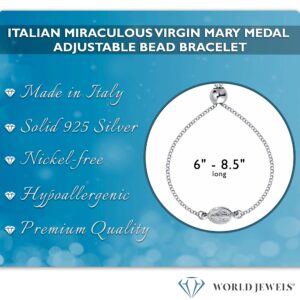 World Jewels 925 Sterling Silver Miraculous Virgin Mary Medal Italian Charm Bracelet - Adjustable Bracelets for Women & Teen Girl, Bead Bracelet, Chain Link - Catholic Gifts, Fit 6-8.5 Inch Wrist