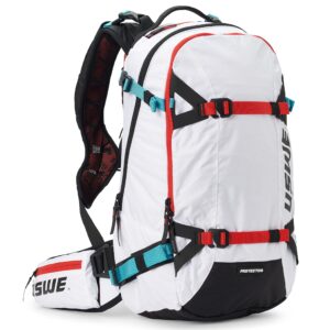 uswe pow 16l, ski and snowboard backpack with back protector (v. 2.0) for men and women. insulated snow hydration pack with thermo cell freeze protection. bounce free, white