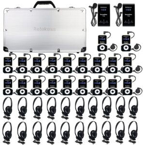 retekess t130 wireless tour guide system,tour guide headsets with full ear headphone,32-slot charging case, assistive listening devices for factory, manufacturing (2 transmitters 20 receivers