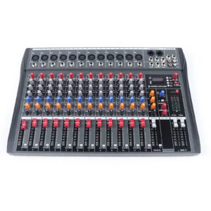 pro 12 channels live audio mixer bluetooth usb dj sound mixing console with 3 stage equalization regulate 6 modes of music for family ktv,campus speech,meeting etc