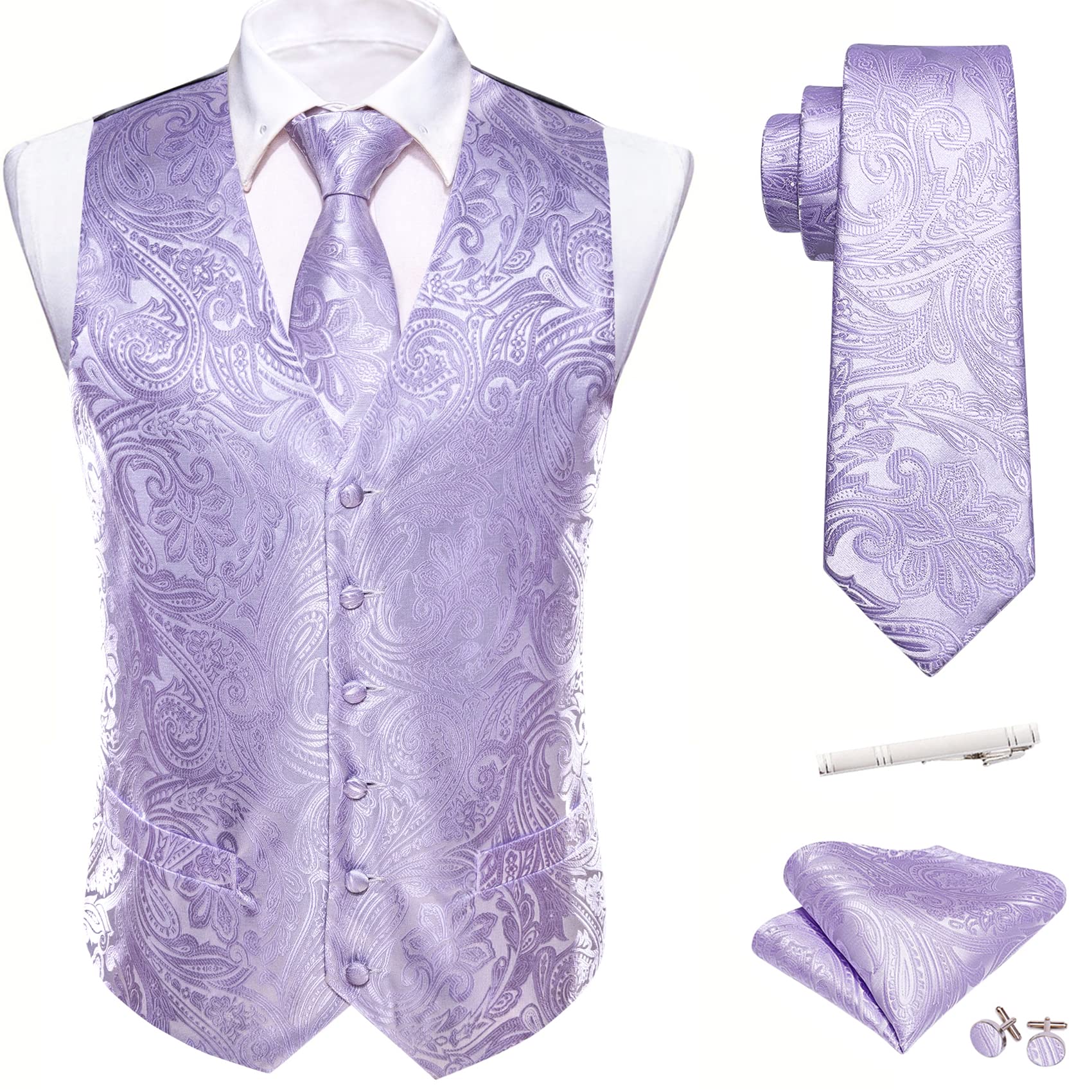 Barry.Wang Light Purple Gray Vest Waistcoat Formal Dress Tuxedo Classic Tie Handkerchief Cufflink Paisley