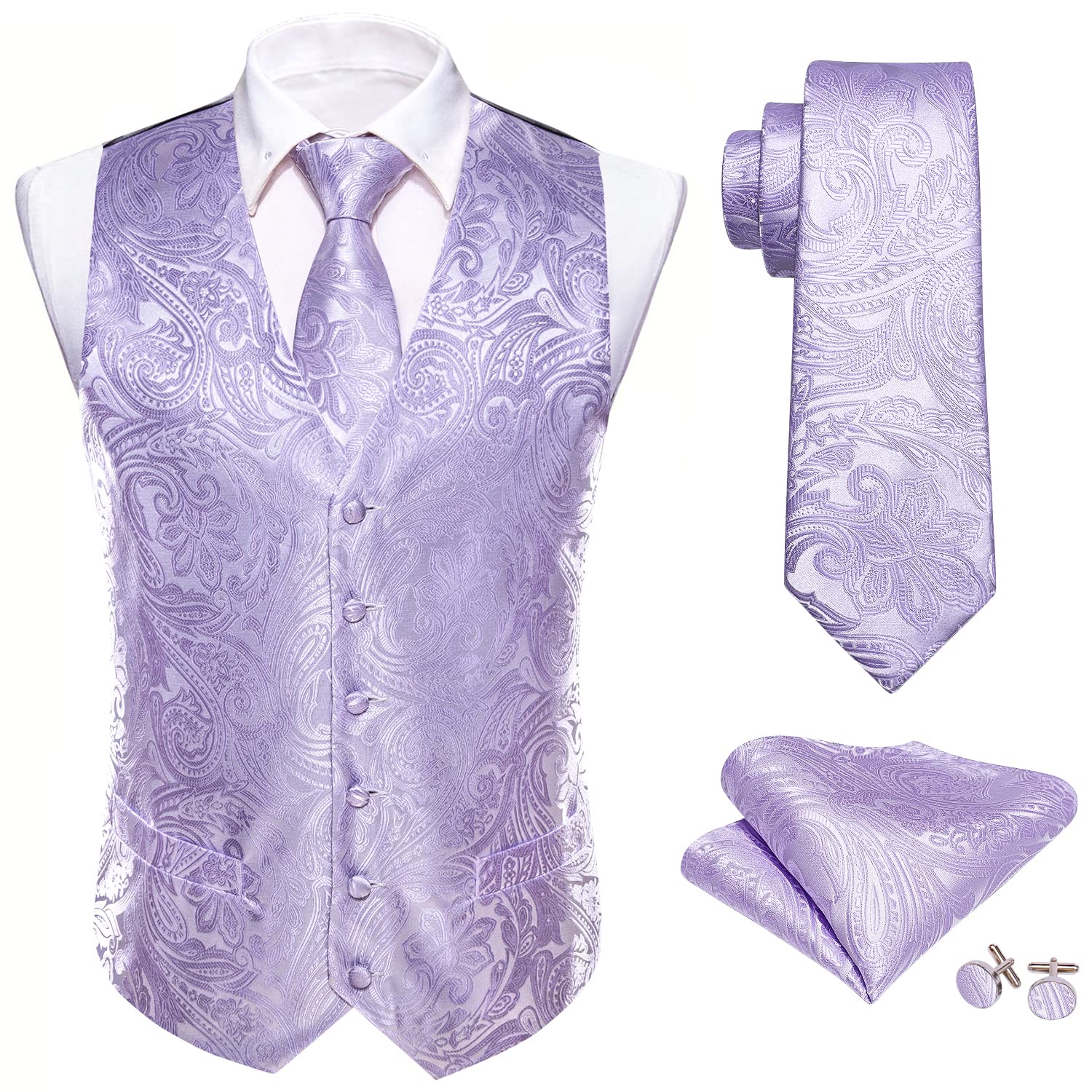 Barry.Wang Light Purple Gray Vest Waistcoat Formal Dress Tuxedo Classic Tie Handkerchief Cufflink Paisley