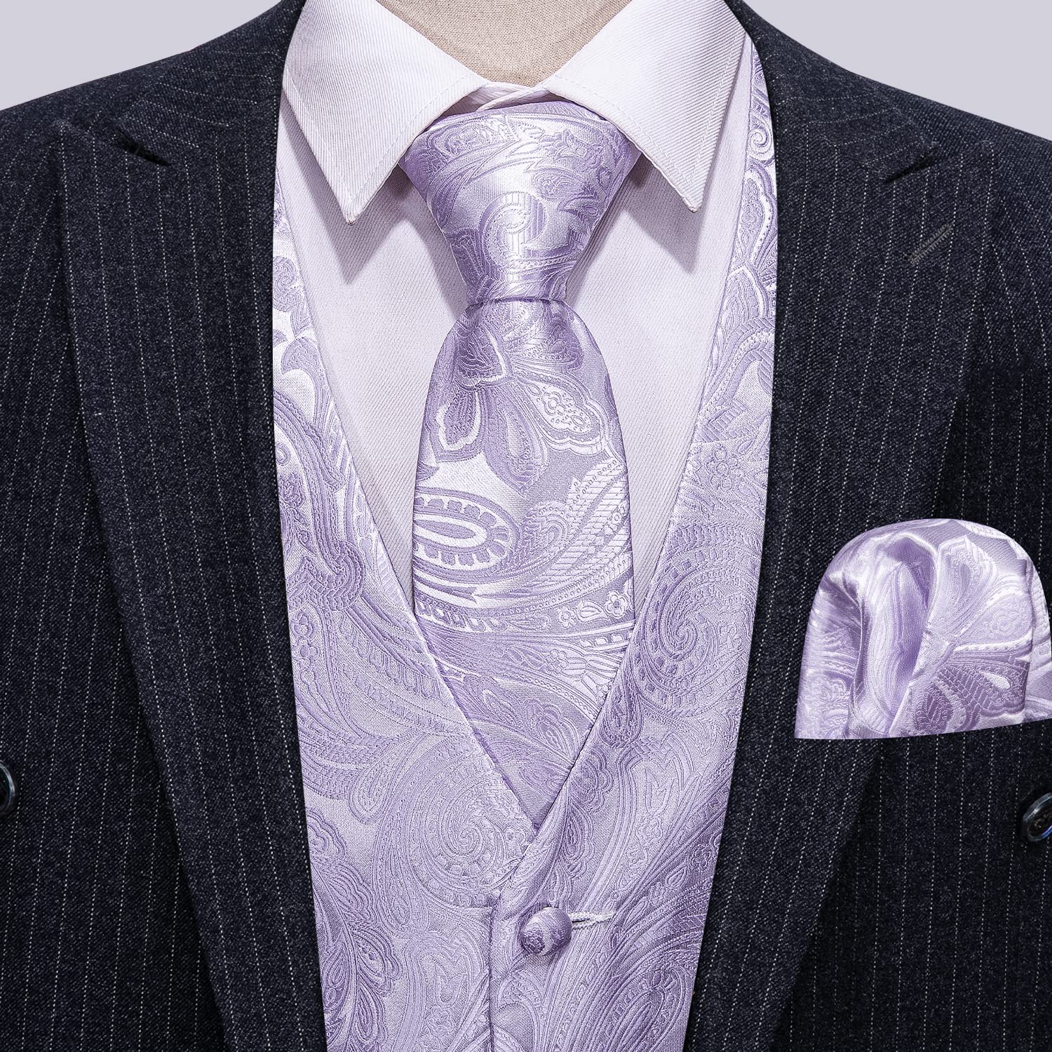 Barry.Wang Light Purple Gray Vest Waistcoat Formal Dress Tuxedo Classic Tie Handkerchief Cufflink Paisley