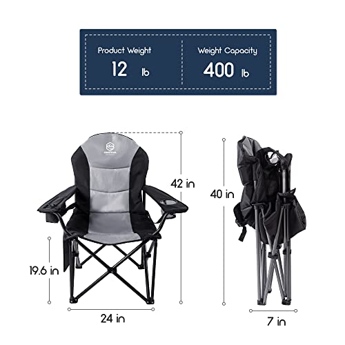 Coastrail Outdoor Camping Chair Oversized Padded Folding Quad Arm Chairs with Lumbar Back Support, Cooler Bag, Cup Holder & Side Pocket, Extra Head Pocket, Supports 400 lbs,Black