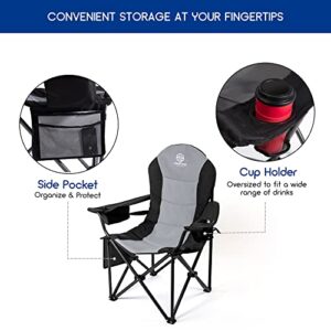 Coastrail Outdoor Camping Chair Oversized Padded Folding Quad Arm Chairs with Lumbar Back Support, Cooler Bag, Cup Holder & Side Pocket, Extra Head Pocket, Supports 400 lbs,Black