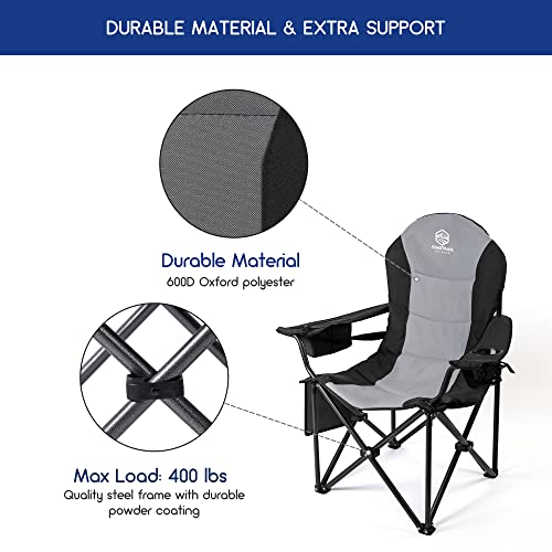 Coastrail Outdoor Camping Chair Oversized Padded Folding Quad Arm Chairs with Lumbar Back Support, Cooler Bag, Cup Holder & Side Pocket, Extra Head Pocket, Supports 400 lbs,Black