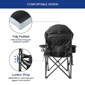 Coastrail Outdoor Camping Chair Oversized Padded Folding Quad Arm Chairs with Lumbar Back Support, Cooler Bag, Cup Holder & Side Pocket, Extra Head Pocket, Supports 400 lbs,Black