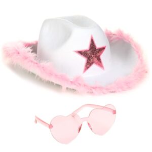 funcredible white cowboy hat and glasses - fluffy cowgirl hat with star for girls - cowboy hat with feathers - cowgirl accessories - halloween accessories for women