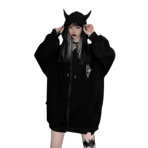 lavaseon women oversized devil horns butterfly brooch chain hoodies harajuku goth zip sweatshirt pullover tops black